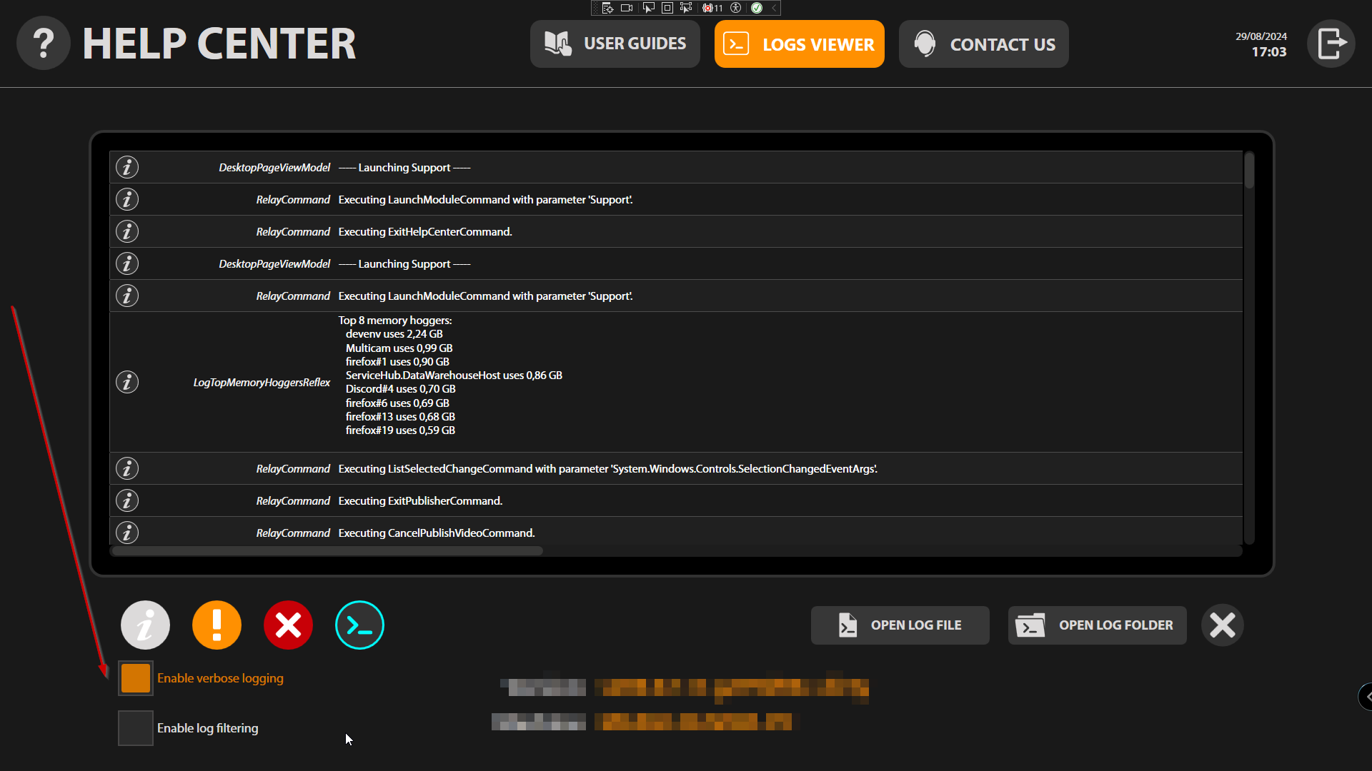 How to enable higher level of log ("Verbose Logging") ? – Multicam ...